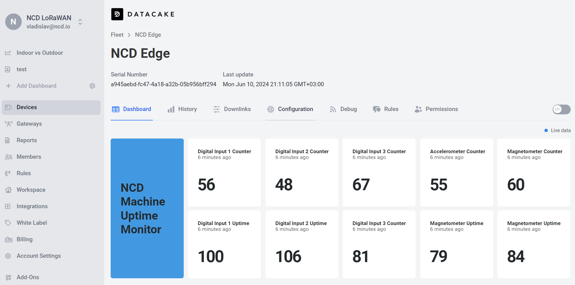 Machine Uptime Sensor Datacake and HiveMQ Integration - NCD.io